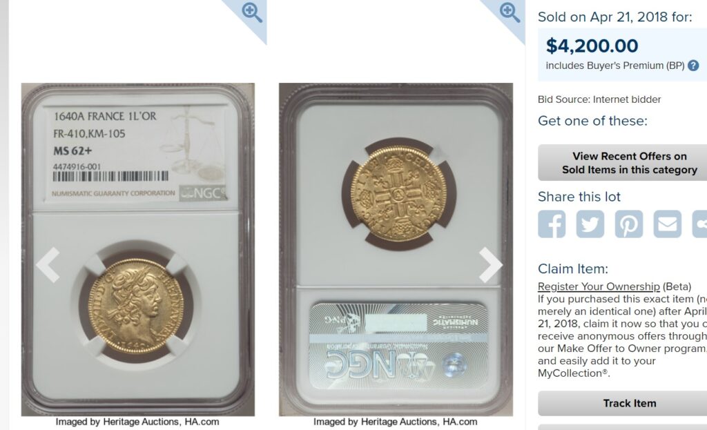 【フランス有望コイン】1641年ルイ13世ルイドール金貨MS62 | アンティークコインプラネット