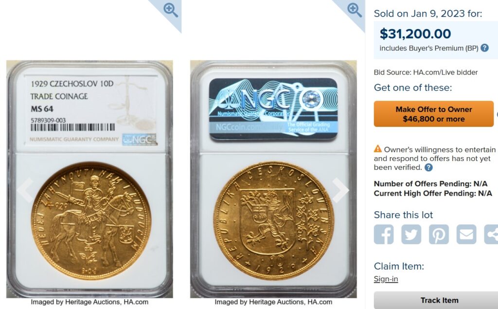 1931年チェコスロバキア10ダカット金貨【MS64】 | アンティークコインプラネット