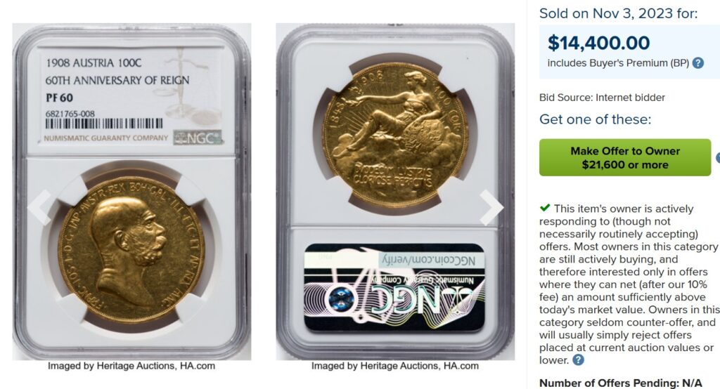 【PF58】雲上の女神1908年ヨーゼフ1世100コロナ金貨 | アンティークコインプラネット